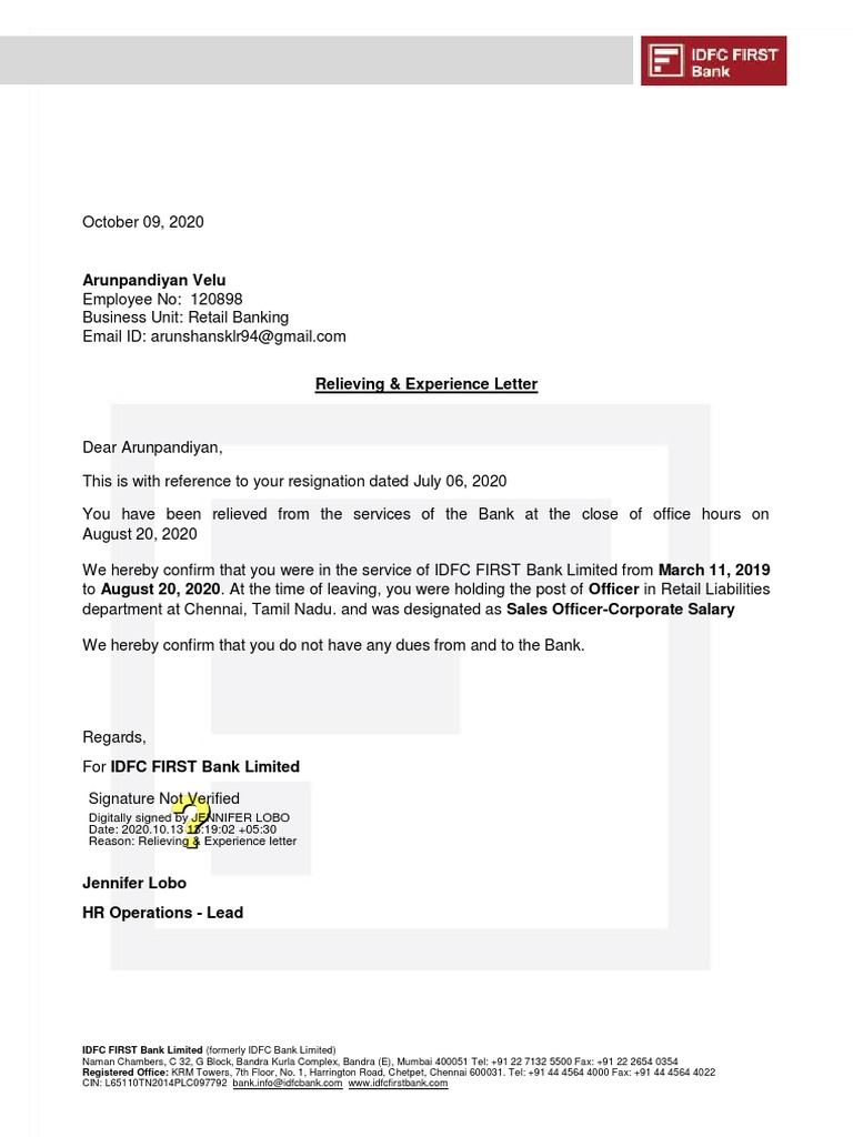 IDFC First Bank Relieving Letter | PDF