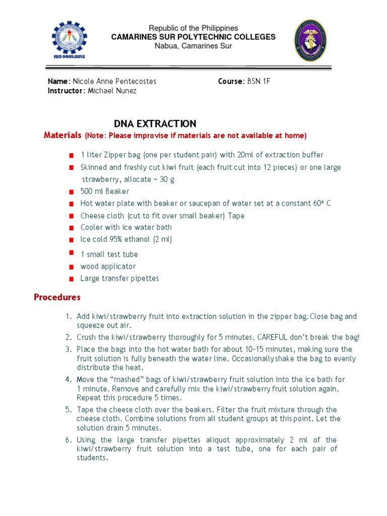 BSN - DNA Extraction Protocol | PDF | Cell (Biology) | Dna