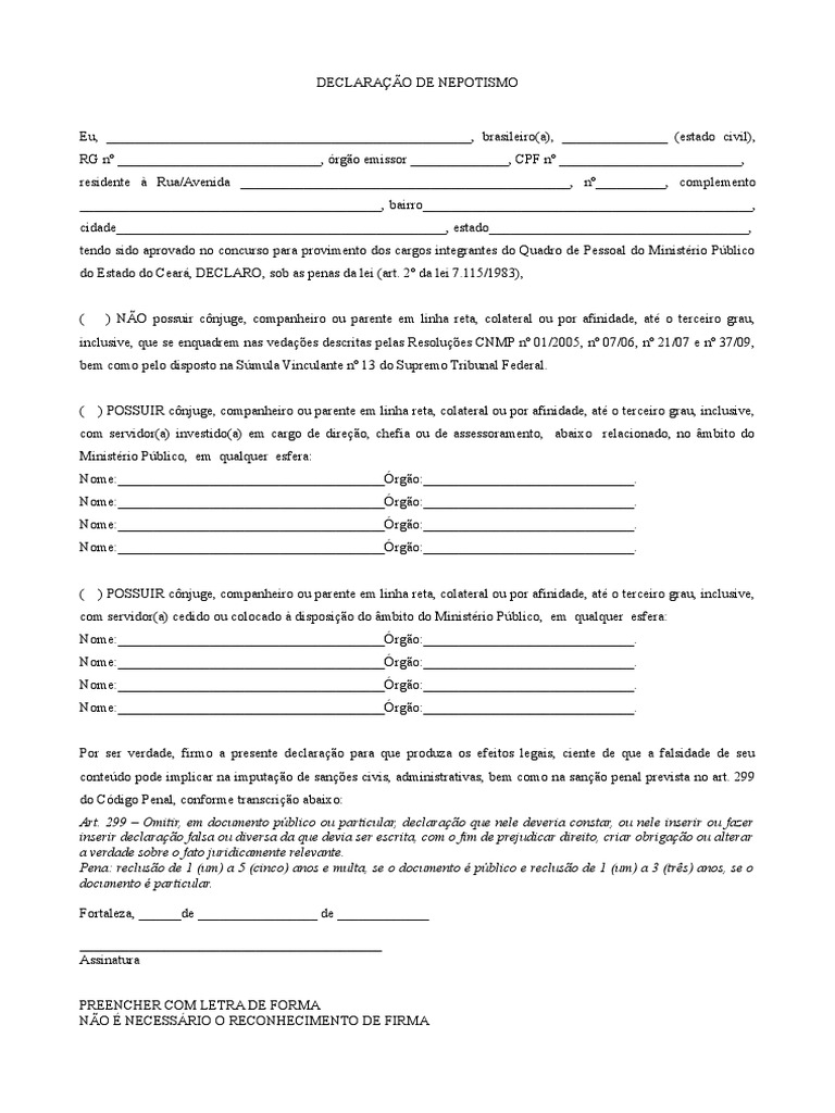 Declaração de Nepotismo e Vínculos | PDF | Direito Comum | Instituições ...