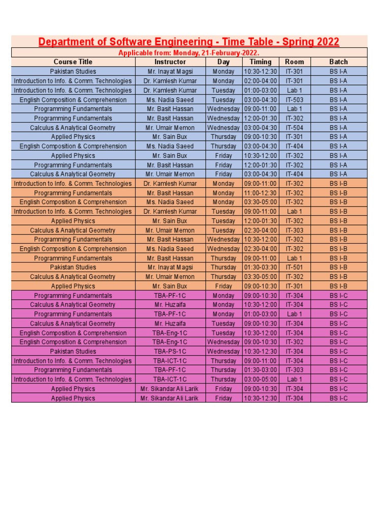 Department of Software Engineering - Time Table - Spring 2022 ...