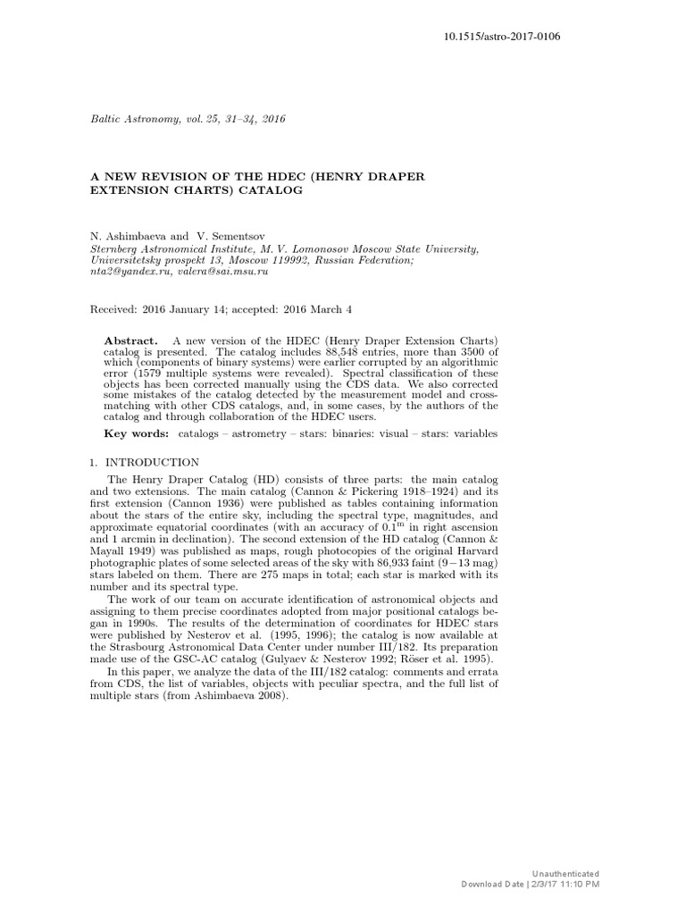 A New Revision of The HDEC Henry Draper Extension | PDF | Astronomy | Stars