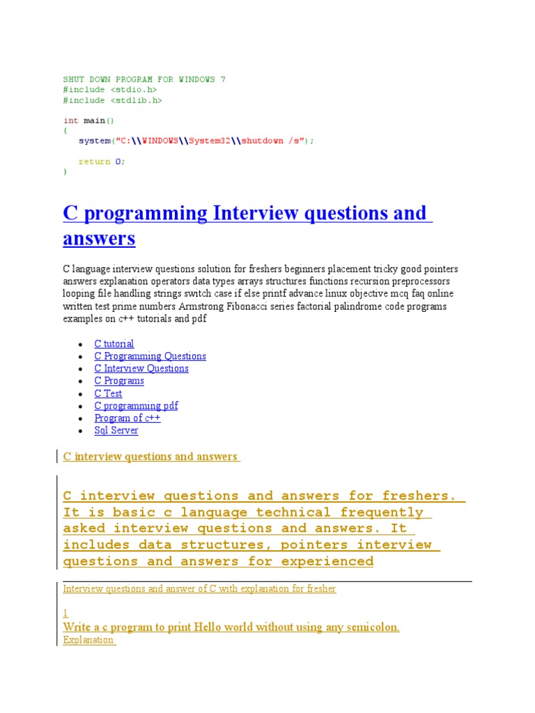 C Language Interview Questions And Answers Pdf Pointer Computer Programming Parameter