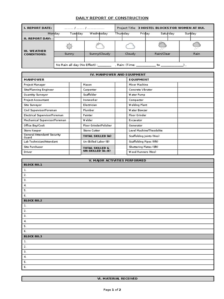 Daily Construction Report for IIUI Project | PDF | Economic Sectors ...