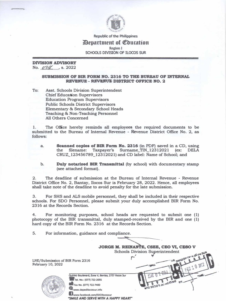 Advisory No. 028 S, 2022-Submission of Bir Form No. 2316 To The Bureau ...
