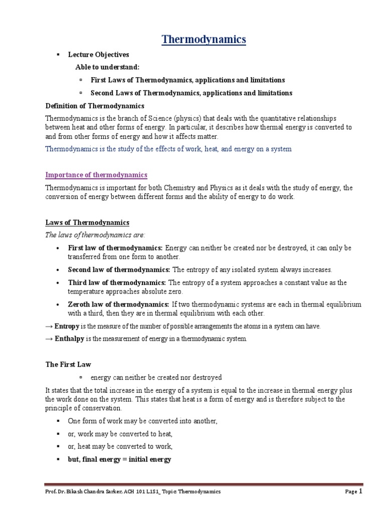 ACH 101 - L1S1 - Thermodynamics | PDF | Thermodynamics | Heat