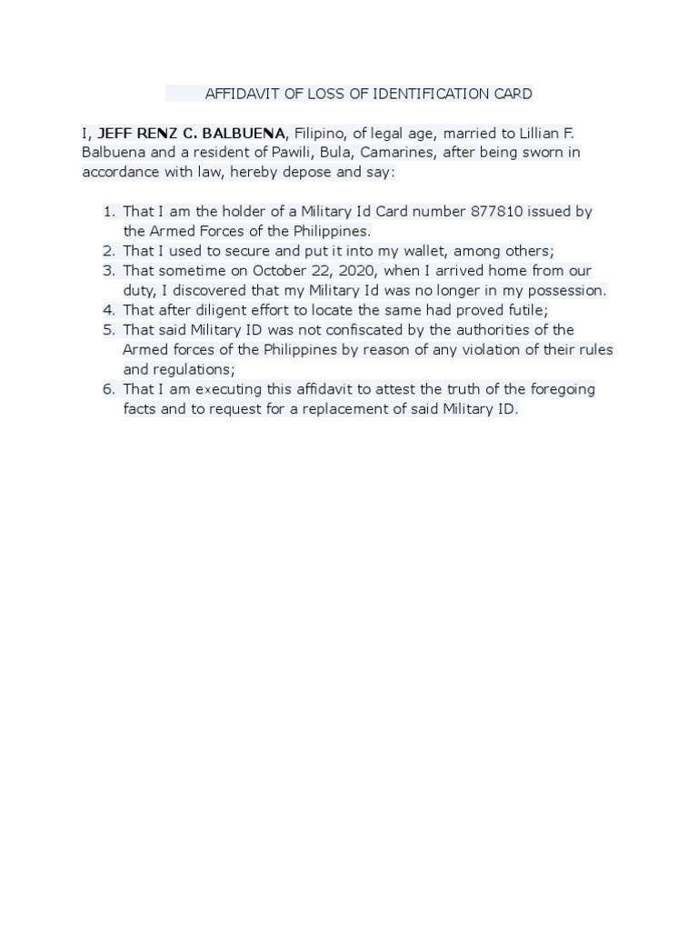 Affidavit of Loss of Identification Card | PDF