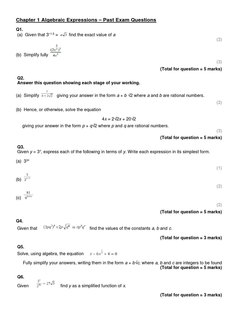 P1 Chapter 1 Algebraic Expressions Exam Questions | PDF