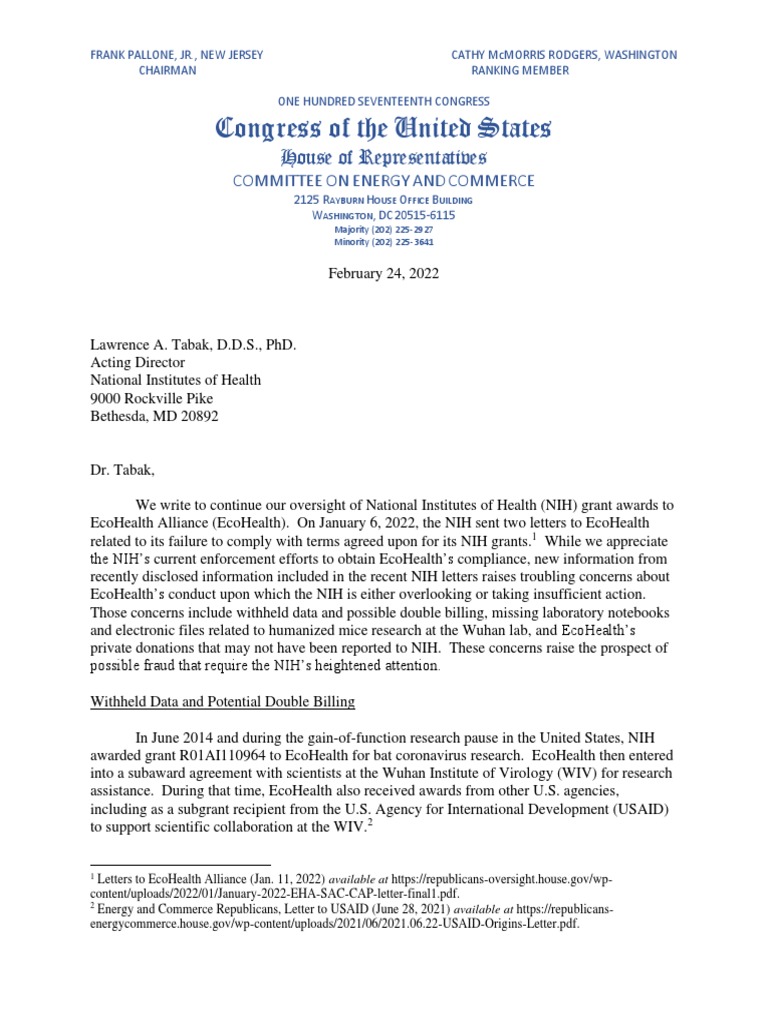 E&C Letter To NIH | PDF | National Institutes Of Health | Dna Sequencing