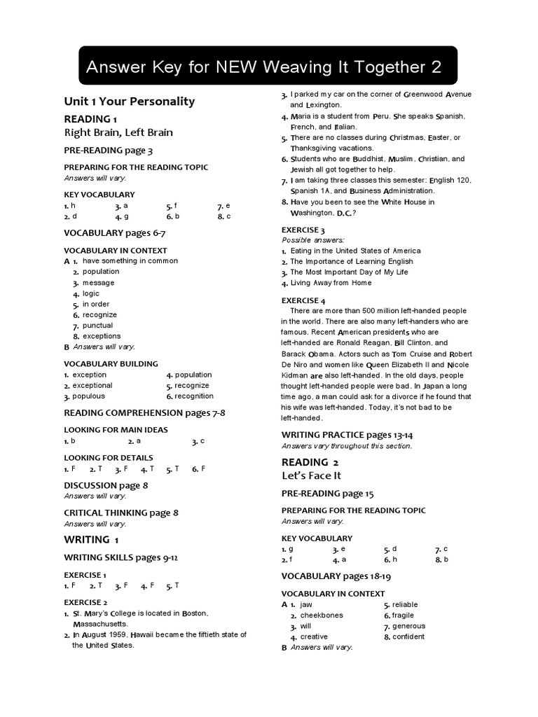 Answer Key For NEW Weaving It Together 2: Unit 1 Your Personality | PDF ...