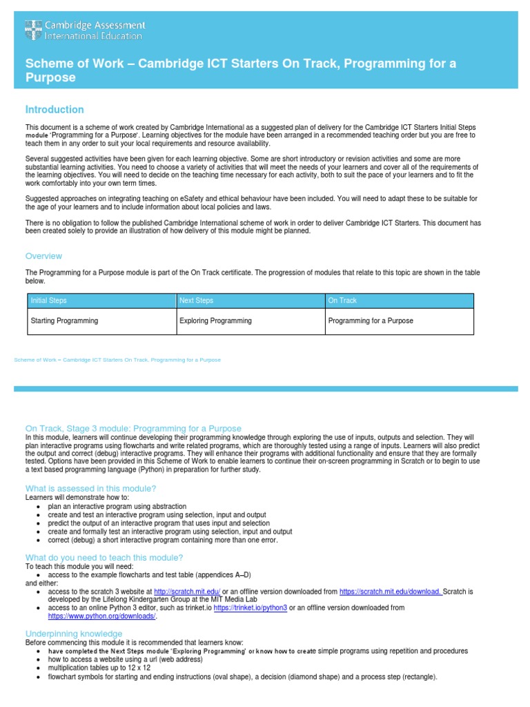 On Track Scheme of Work Unit 4293 - Programming For A Purpose - For ...