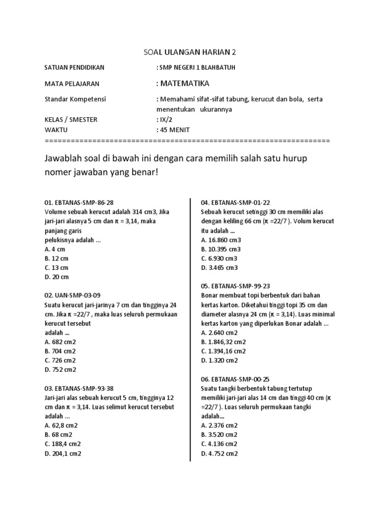Soal Ulangan Bangun Ruang | PDF | Griya & Taman