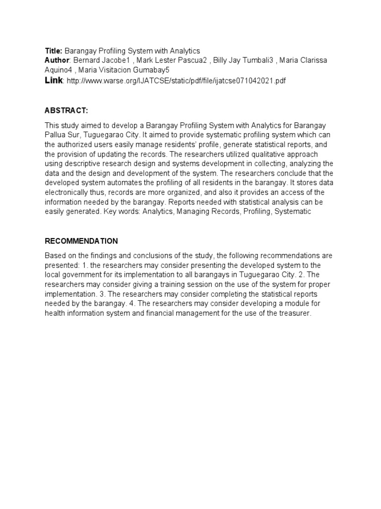 Title: Barangay Profiling System With Analytics Author: Bernard Jacobe1 ...