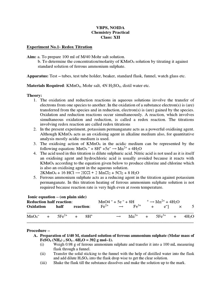 Experiment 1 Redox Titration Pdf Redox Chemistry