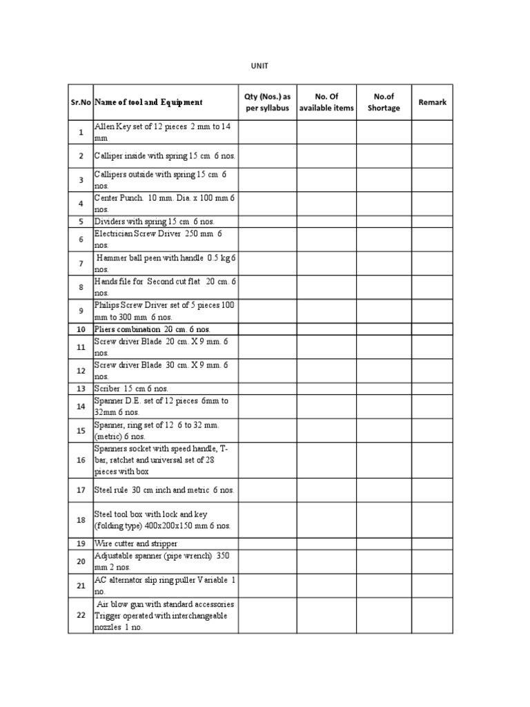 MMV Tool and Equipment | PDF | Diesel Engine | Engines