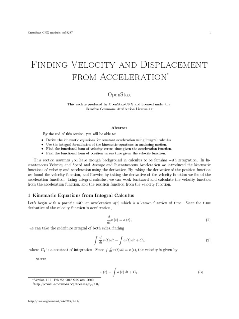 Finding Velocity and Displacement From Acceleration: Openstax | PDF | Acceleration | Velocity
