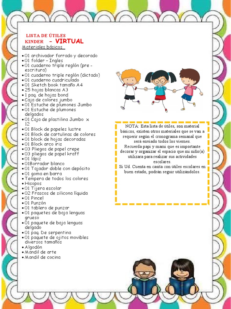 Lista de Útiles Kinder - Virtual | PDF | Cocina, comidas y vino | Hogar ...