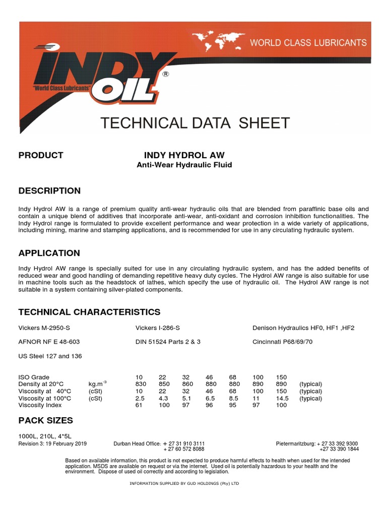 Product Indy Hydrol Aw: Anti-Wear Hydraulic Fluid | PDF | Viscosity ...