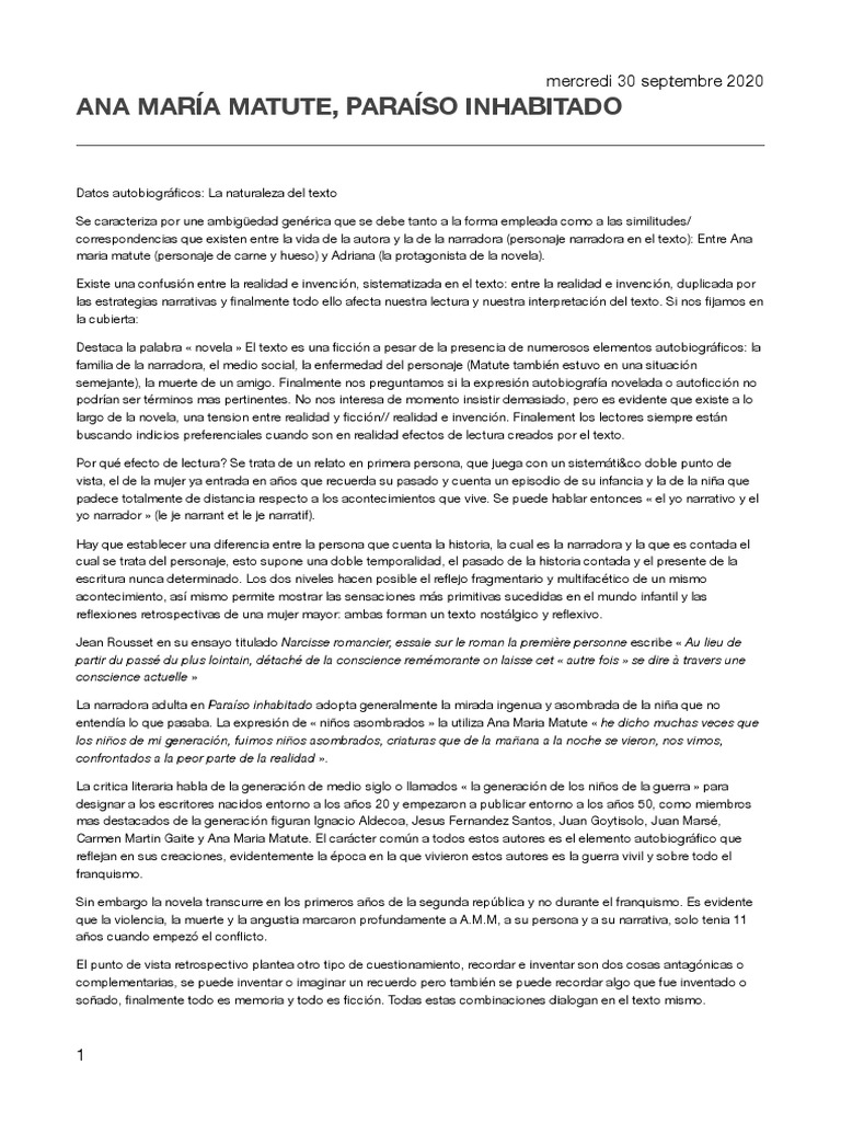 Análisis Ana Maria Matute: Paraiso Inhabitado | PDF | Narración | Novelas