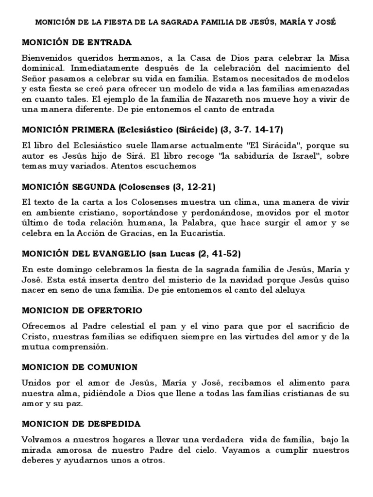 Monición de La Fiesta de La Sagrada Familia de Jesús | PDF