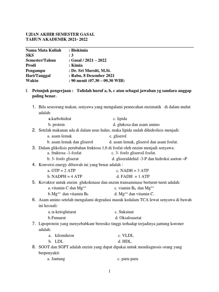 Soal UAS Biokimia 2021 | PDF