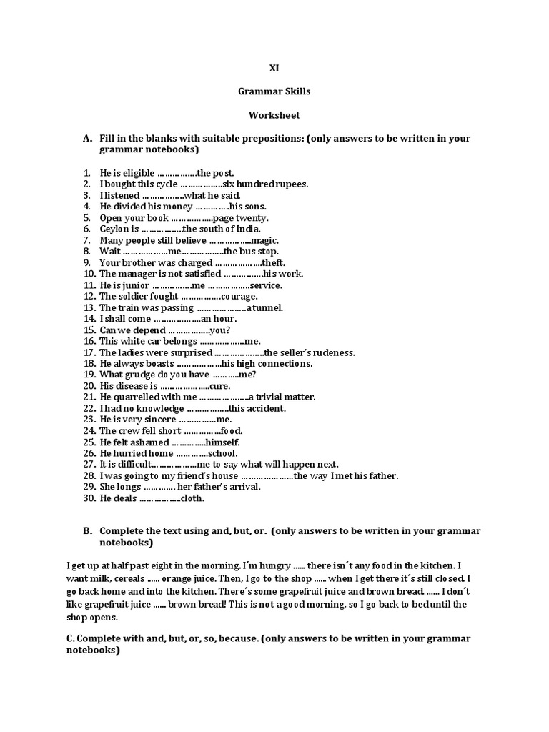 XI Grammar Worksheet | PDF