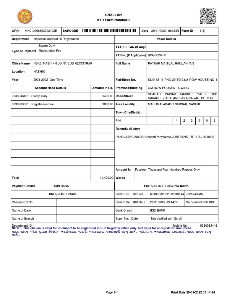 Payment Challan for Registration Fee and Stamp Duty for Property ...
