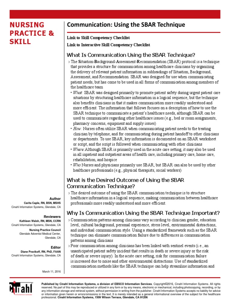 Nursing Practice & Skill: Communication: Using The SBAR Technique | PDF ...