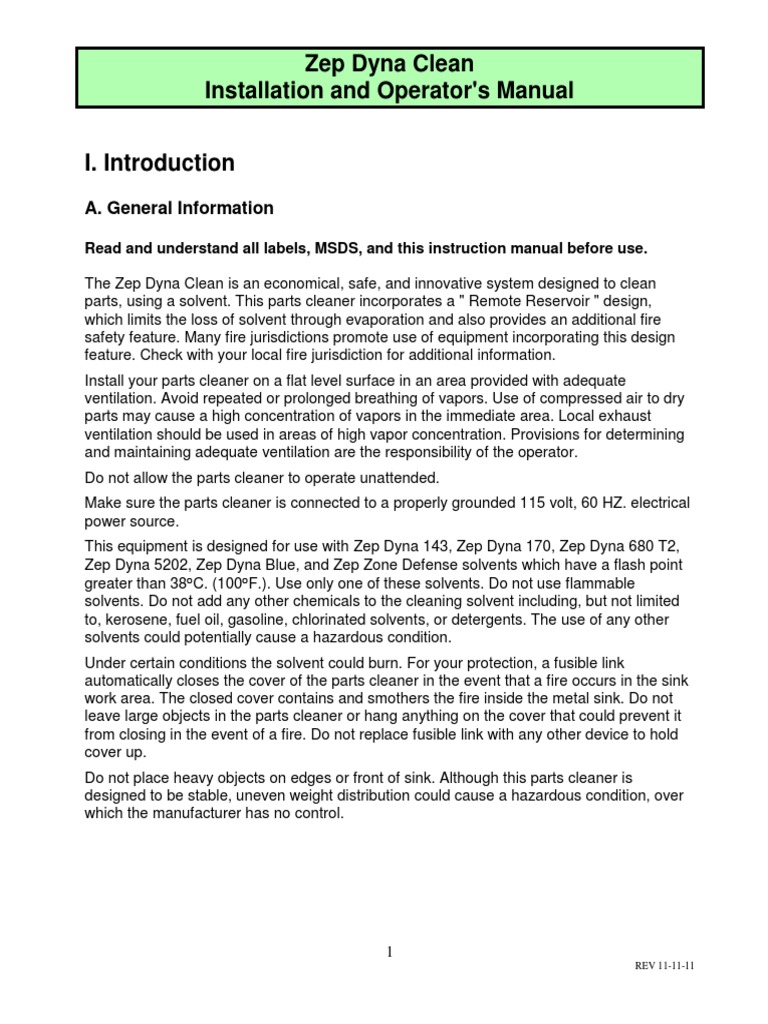 Zep Dyna Clean Parts Washer Manual | PDF | Solvent | Chemistry