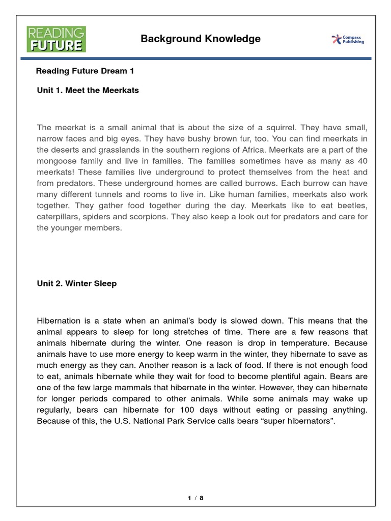 Reading Future - Dream 1 - Background Knowledge - English | PDF | Meerkat | Traffic