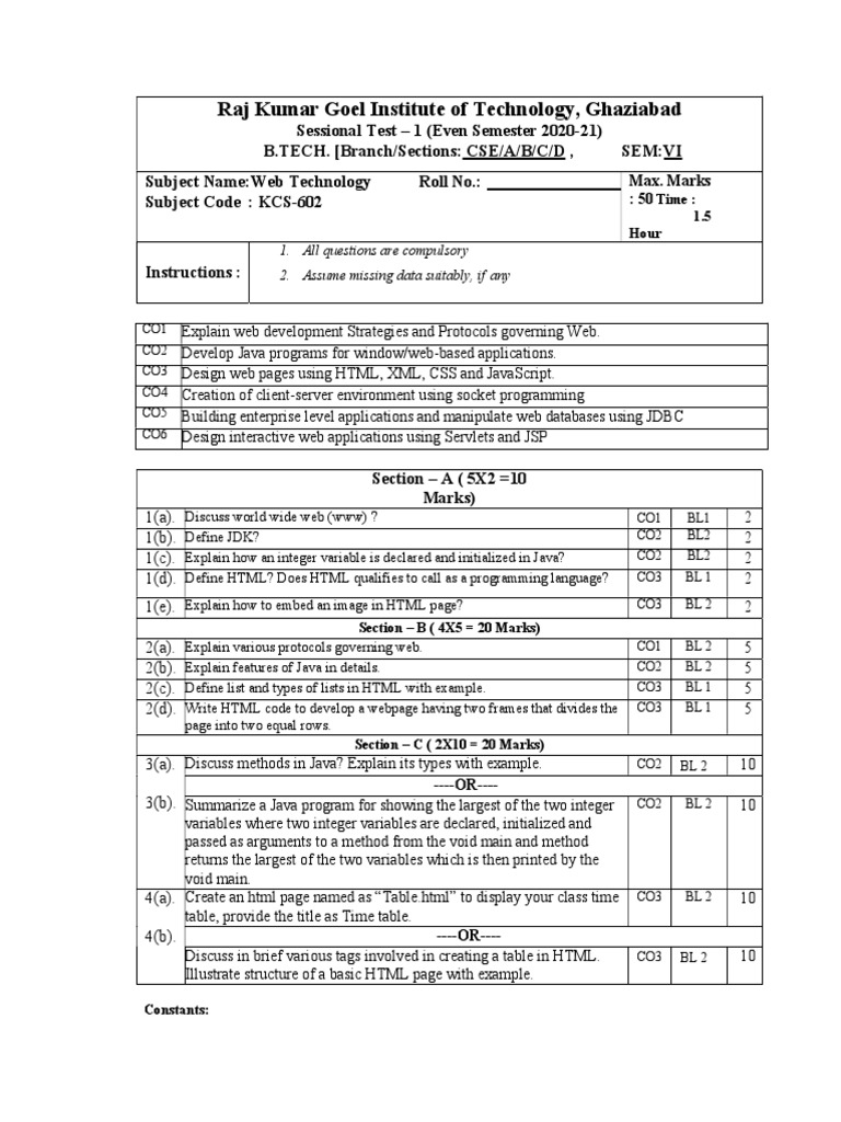 Raj Kumar Goel Institute of Technology, Ghaziabad: CO1 CO2 CO3 CO4 CO5 ...