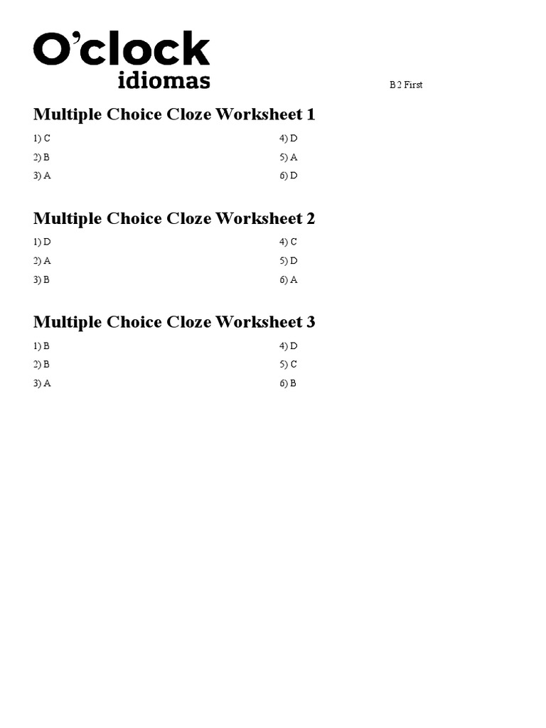 Multiple Choice Cloze Worksheet 1: B2 First | PDF
