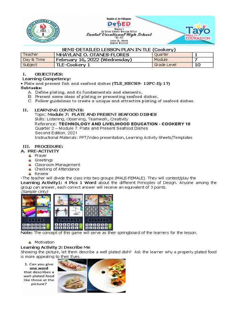 Semi-Detailed Lesson Plan in Tle (Cookery) Mhaylani O. Otanes-Flores 1 ...