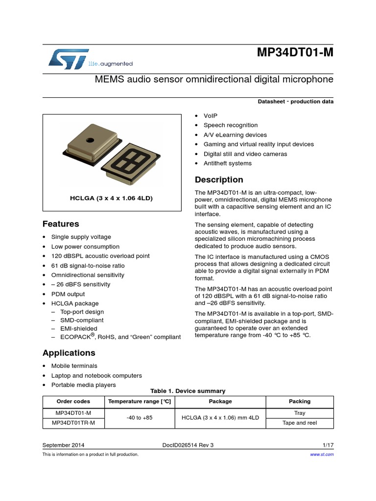 MP34DT01-M: MEMS Audio Sensor Omnidirectional Digital Microphone ...