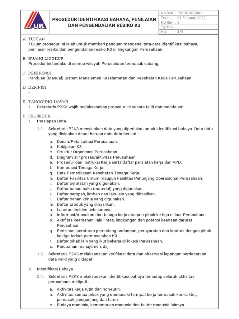 P-SOP-K3-001 Prosedur Identifikasi Bahaya, Penilaian Dan Pengendalian Resiko K3 | PDF