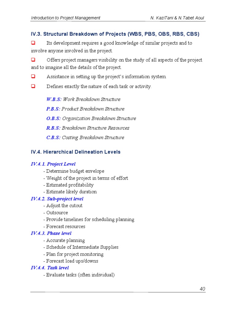 IV.3. Structural Breakdown of Projects (WBS, PBS, OBS, RBS, CBS) | PDF ...