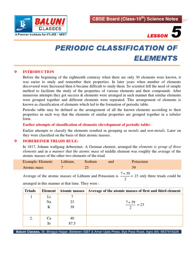 Periodic Classification of Elements Notes | PDF | Periodic Table | Ion