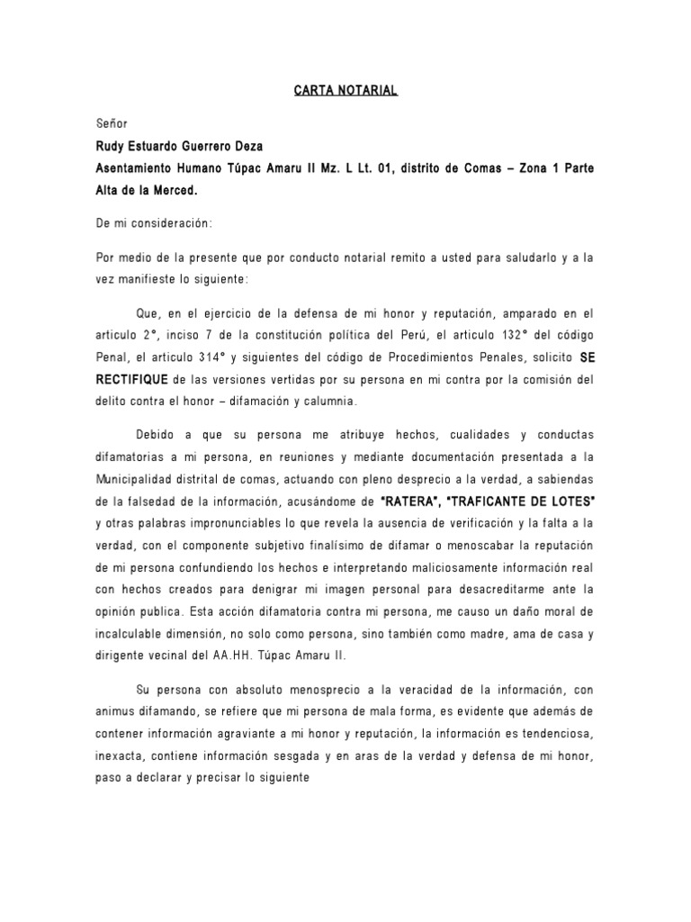 Carta Notarial Por Difamacion | PDF | Gobierno | Ley Pública