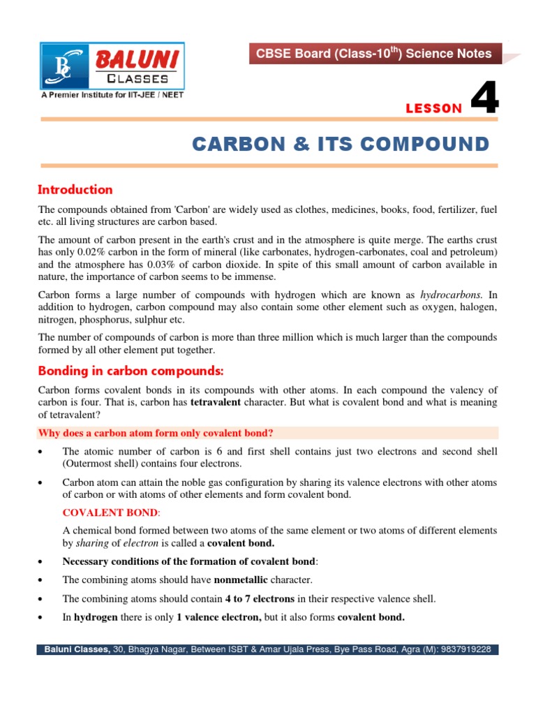 Carbon & Its Compound: CBSE Board (Class-10) Science Notes | PDF ...