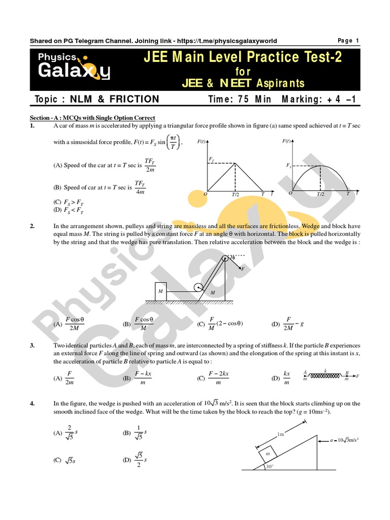 #MOCK JEE Main Practice Test-2 - NLM & Friction | PDF | Force | Friction