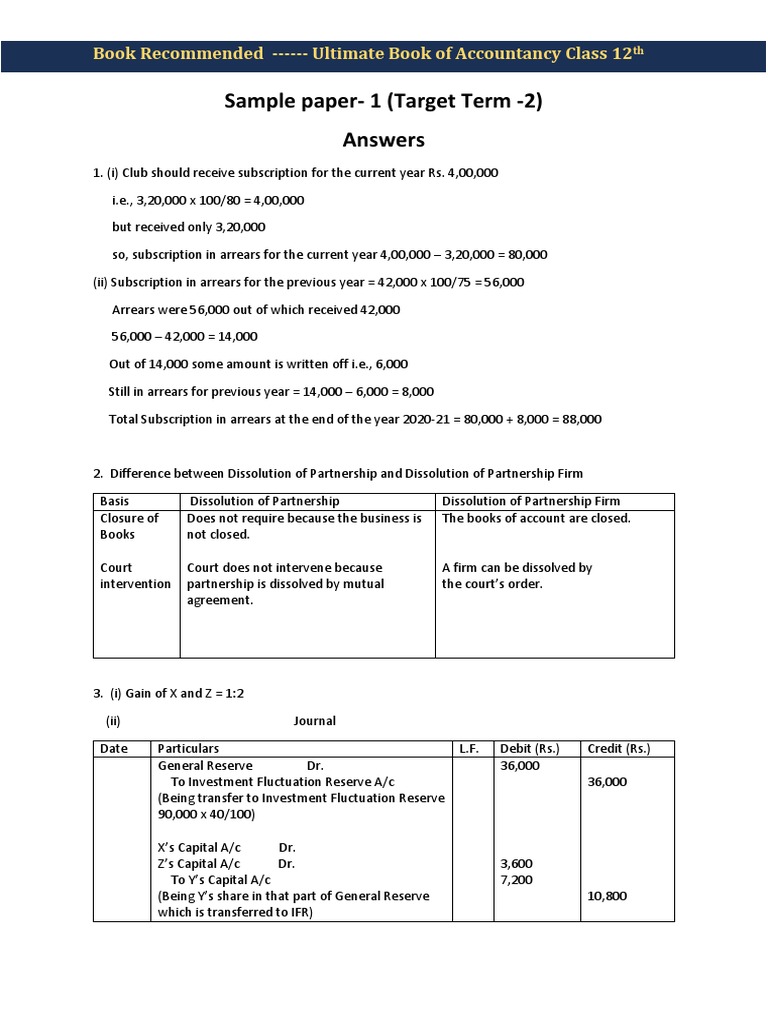 Sample Paper-1 (Target Term - 2) Answers: Book Recommended - Ultimate ...