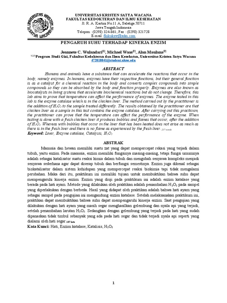 Pengaruh Suhu Terhadap Kinerja Enzim | PDF | Catalysis | Chemical Reactions