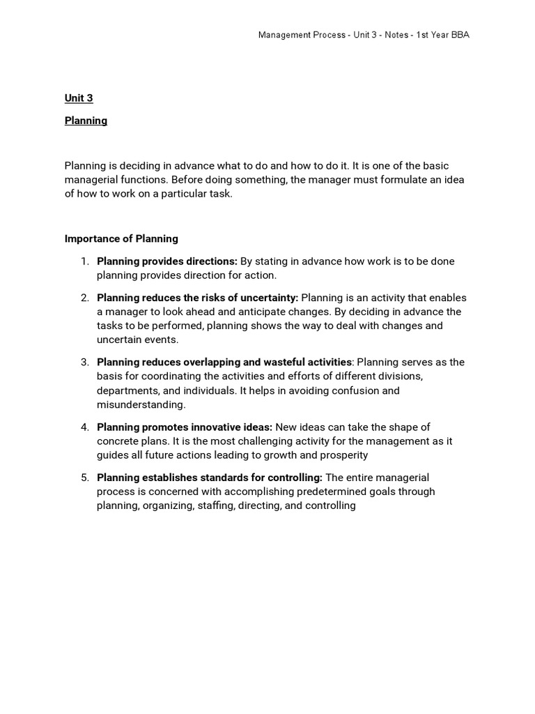 Unit 3 Planning: Management Process - Unit 3 - Notes - 1st Year BBA ...