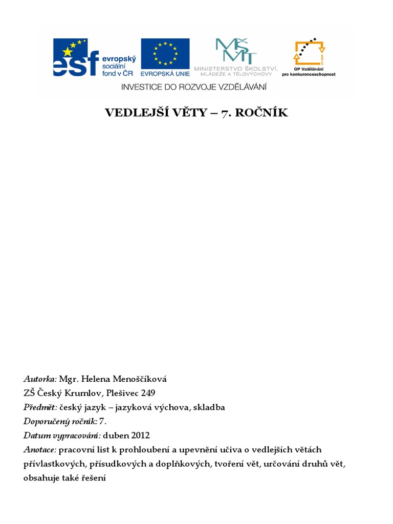 75405vedlejsi Vety Pro 7. Rocnik 2 | PDF