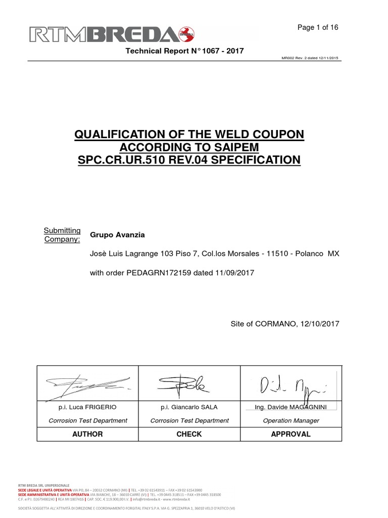 Qualification of The Weld Coupon According To Saipem SPC - Cr.Ur.510 ...