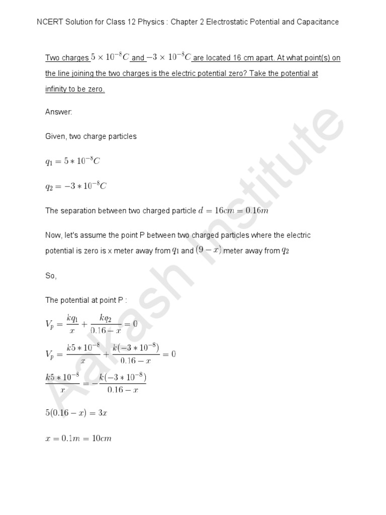 NCERT Solution for Class 12 Physics : Chapter 2 Electrostatic Potential ...