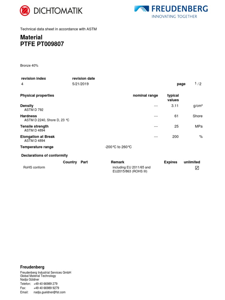 Material PTFE PT009807: Technical Data Sheet in Accordance With ASTM ...