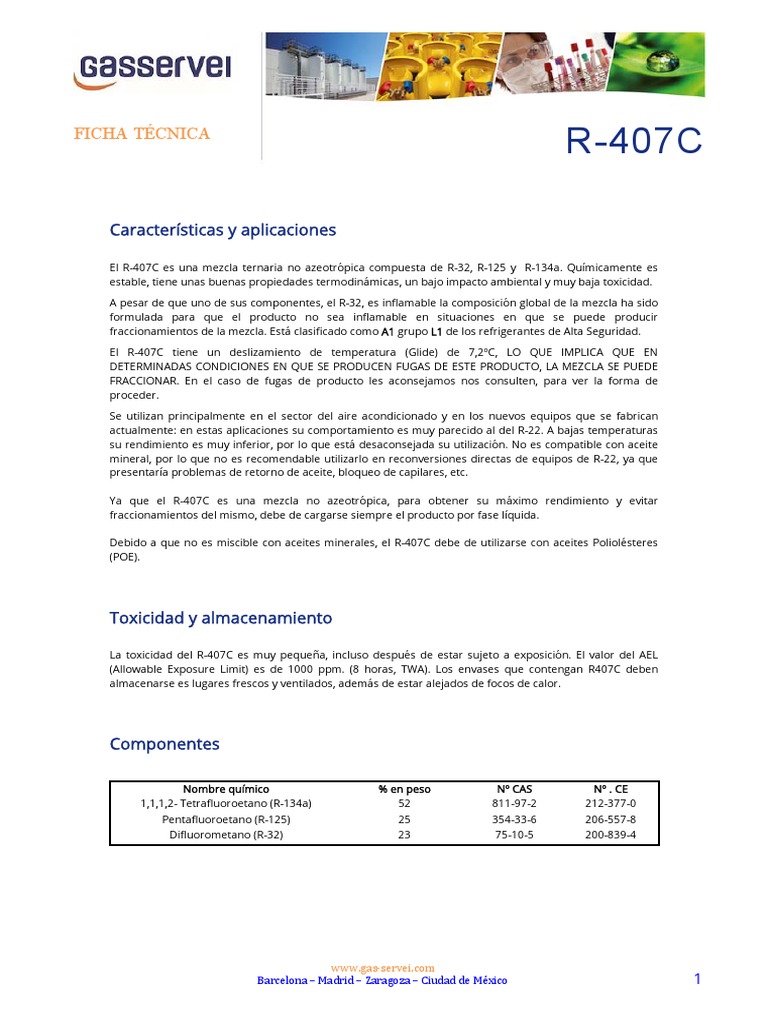 Ficha Tecnica R 407c Gas Servei | PDF | Mezcla | Líquidos