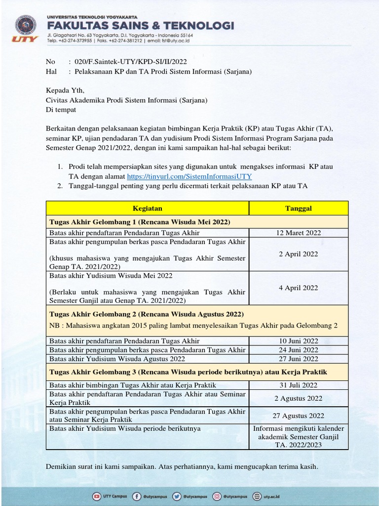 020 - Surat Pemberitahuan Pelaksanaan KP - TA Prodi SI-Sarjana Genap TA. 2021.2022 | PDF