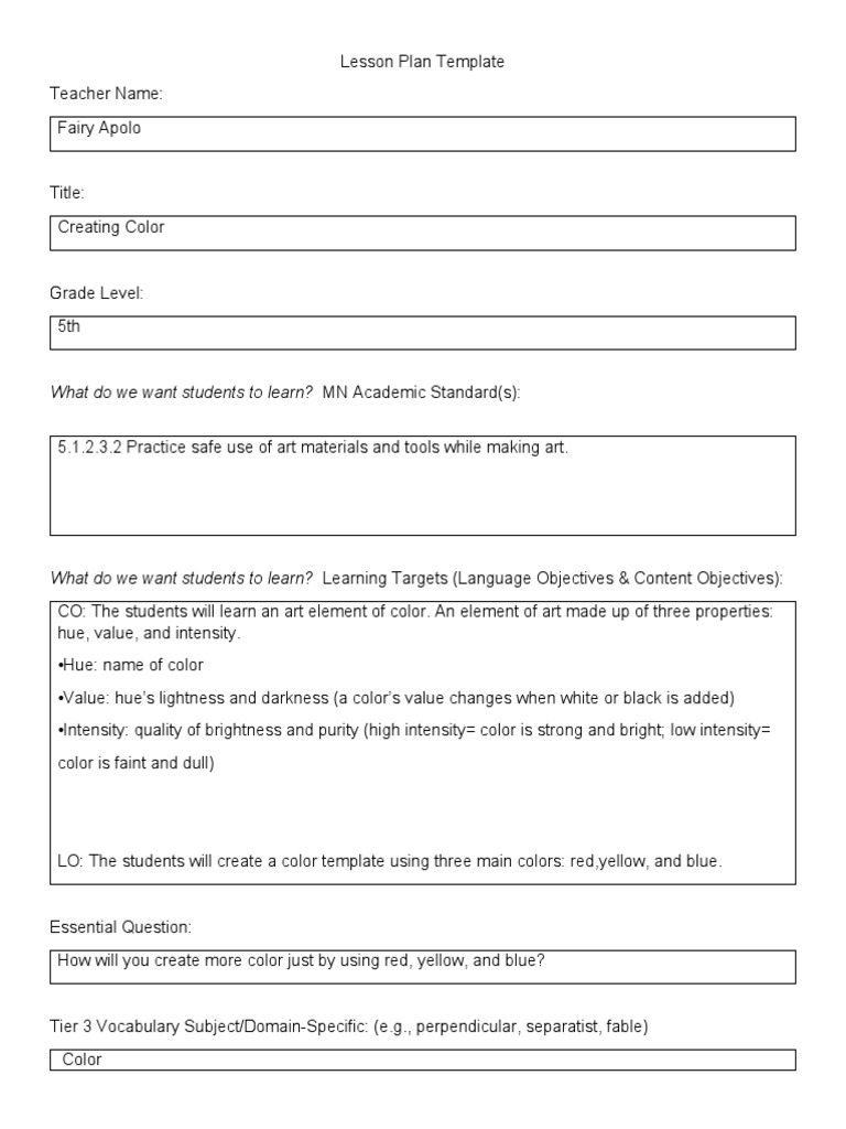 Last Lesson Plan Template 2 | PDF | Color | Question