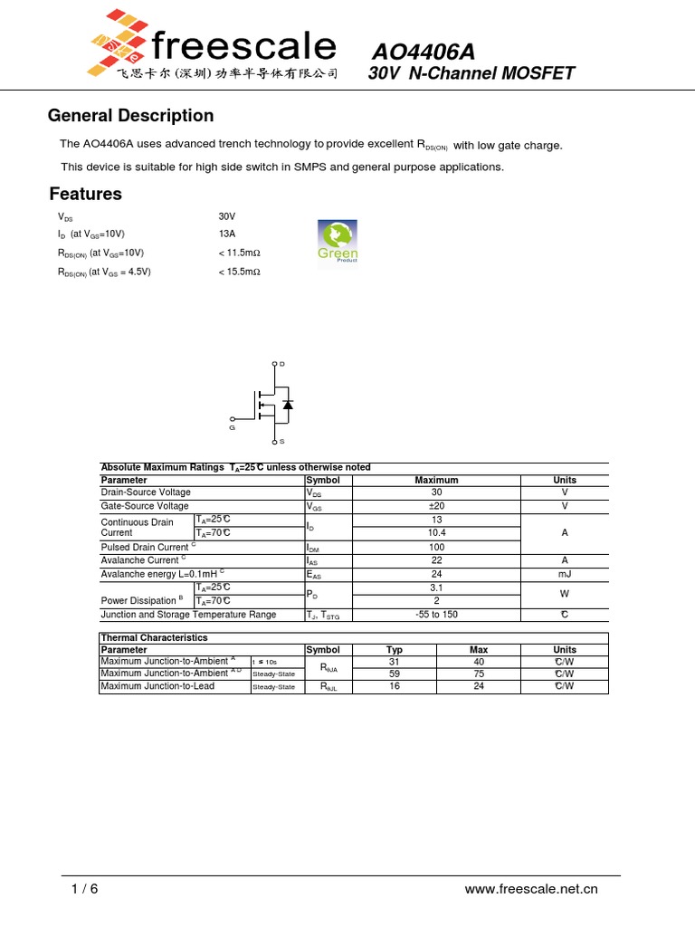 AO4406A 30V N-Channel MOSFET Specs | PDF | Field Effect Transistor | Mosfet